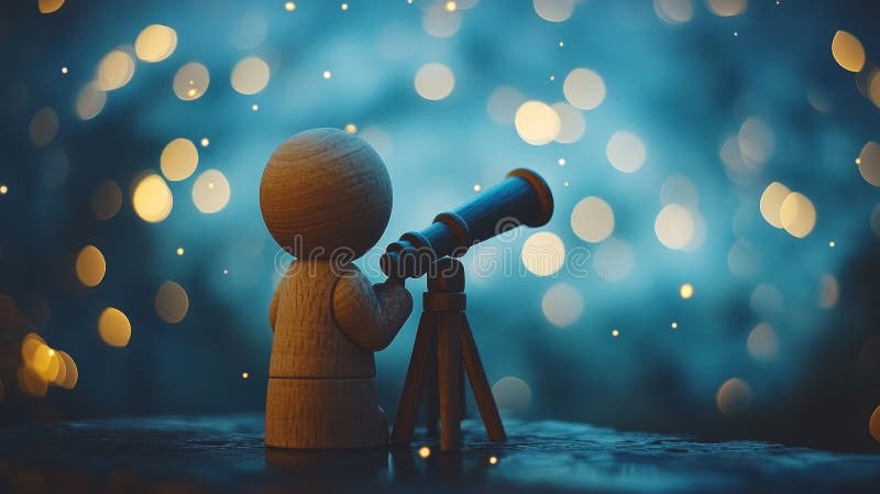 Wooden Figure Looking through a Telescope at a Starry Night Sky. Stock ...