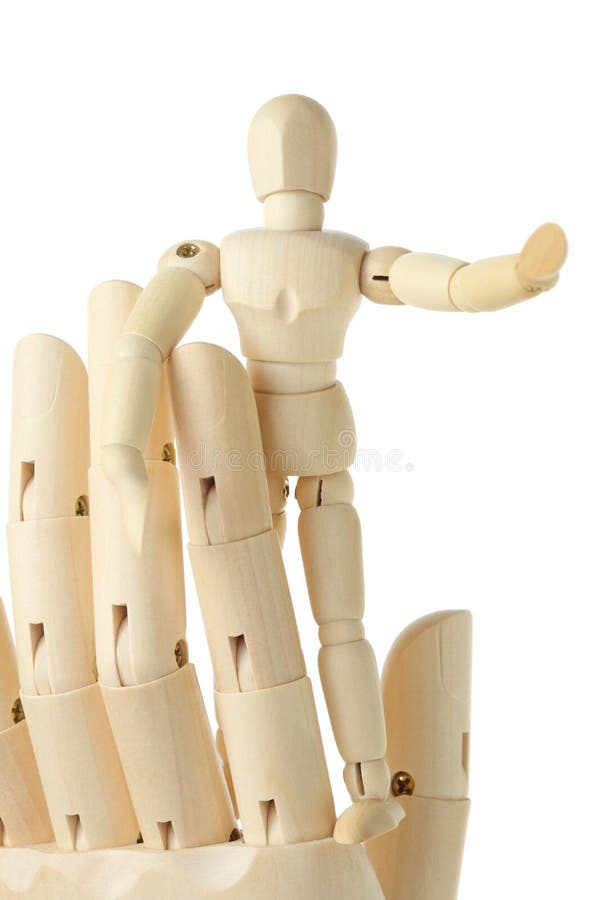 Wooden Figure of Man Standing on Big Hand Stock Photo - Image of body ...