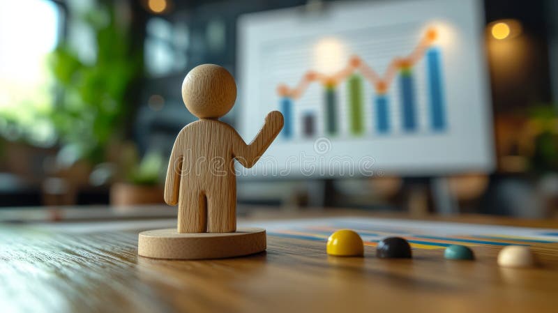 Wooden Figure Pointing To a Growth Chart in an Office Setting. Stock ...