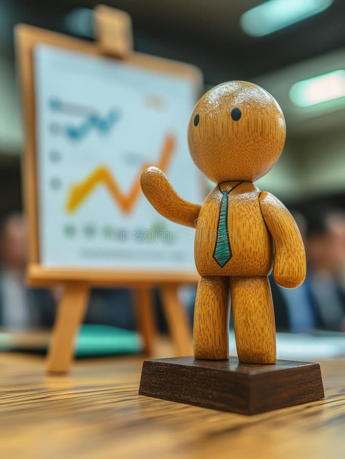 Wooden Figure Presenting Data Chart in a Business Meeting. Stock Image ...