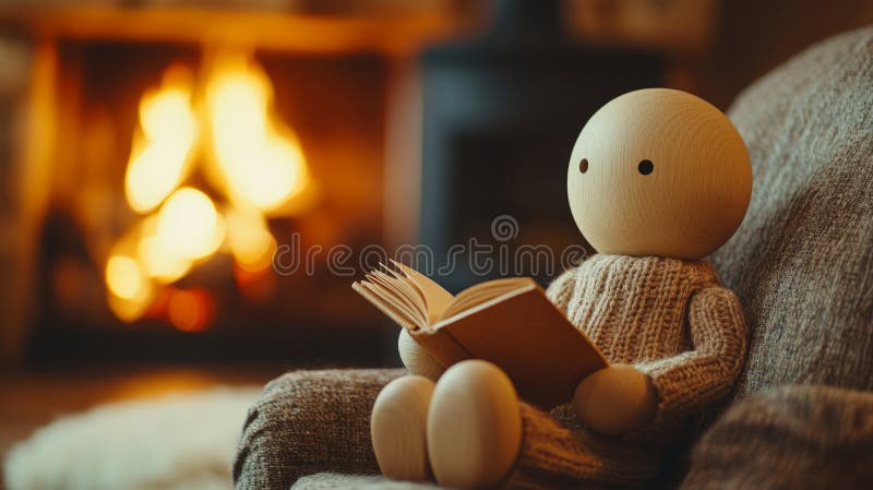 Wooden Figure Reading by a Cozy Fireplace Stock Photo - Image of rest ...