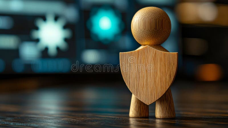 Wooden Figure with Shield, Symbol of Protection and Security. Stock ...