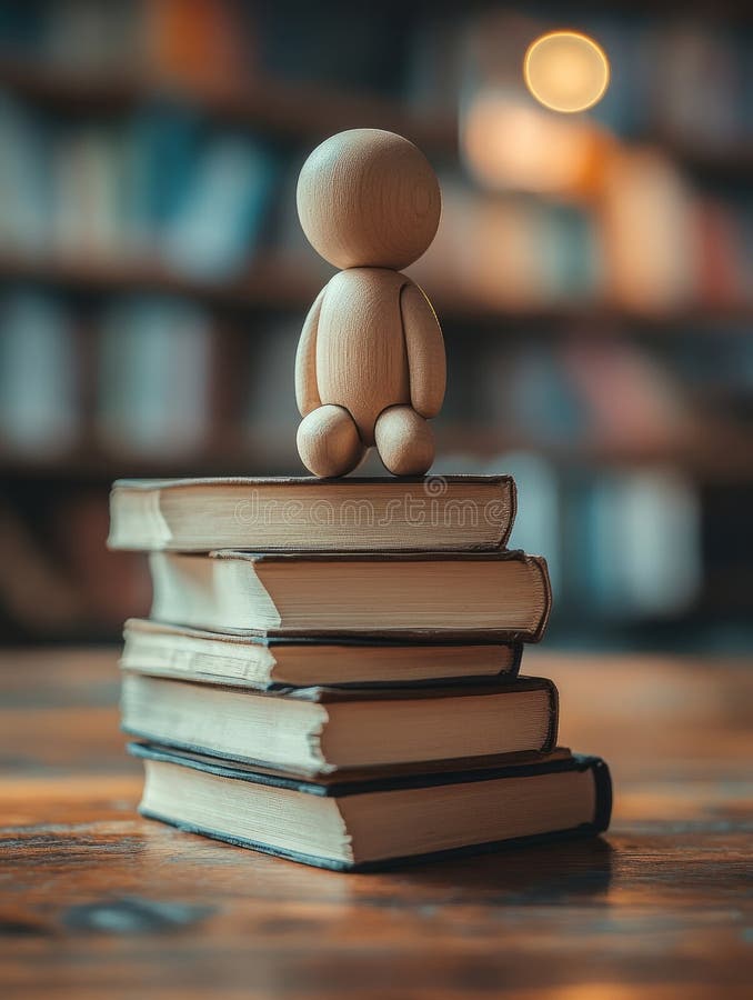 Wooden Figure Sitting on a Stack of Books in a Library Stock Photo ...