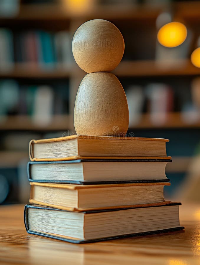 Wooden Figure on a Stack of Books in a Cozy Library Setting Stock Image ...
