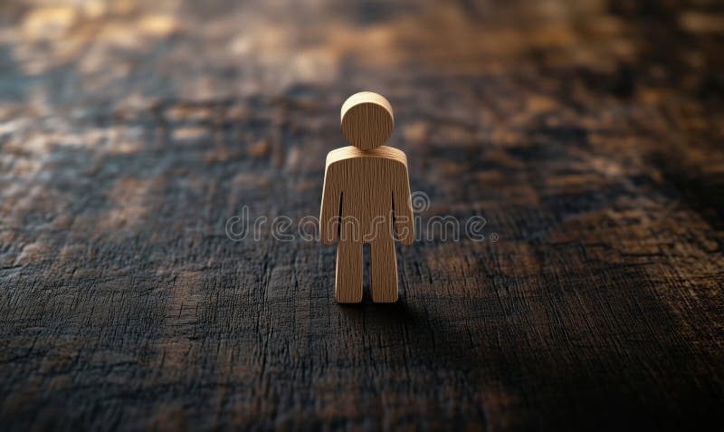 Wooden Figure Standing Alone on Textured Wooden Surface with Warm Tones ...