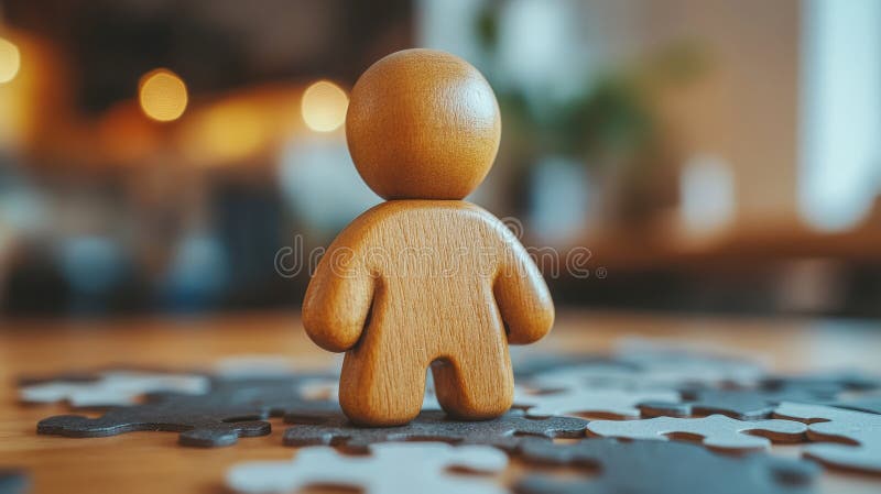 Wooden Figure Standing Amidst Scattered Puzzle Pieces on a Wooden Table ...