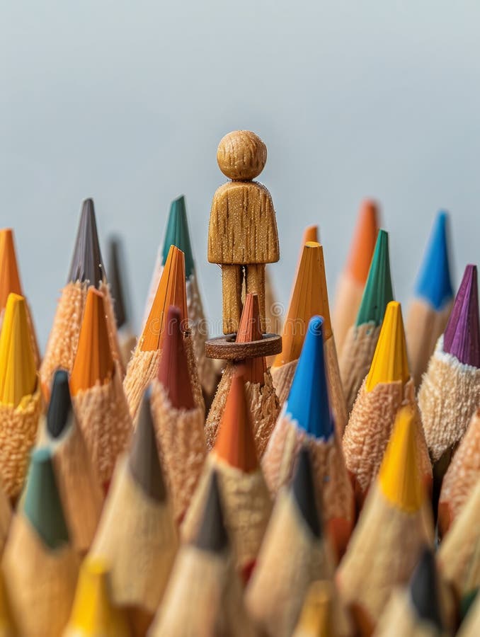Wooden Figure Standing among Colorful Pencils Stock Image - Image of ...