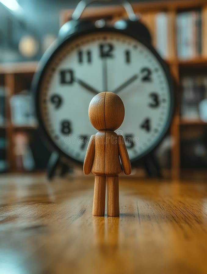 Wooden Figure Standing in Front of a Large Clock, Symbolizing Time ...
