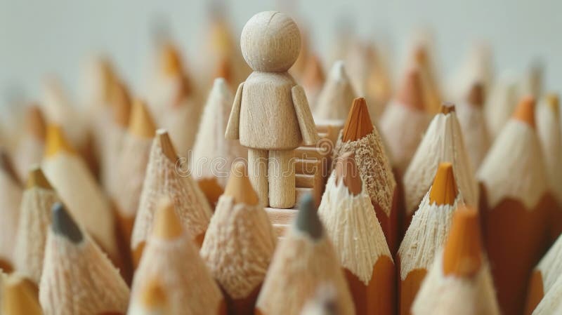 Wooden Figure Standing among Many Pencil Tips Stock Image - Image of ...
