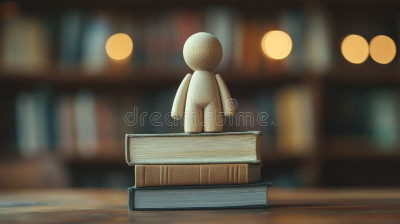 Wooden Figure Standing on Stack of Books in a Dimly Lit Library. Stock ...