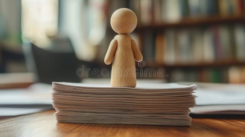 Wooden Figure Standing on a Stack of Documents on a Desk. Stock Photo ...