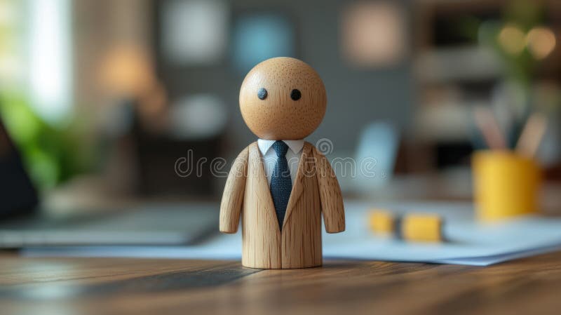 Wooden Figure in a Suit Standing on a Desk in an Office Setting. Stock ...