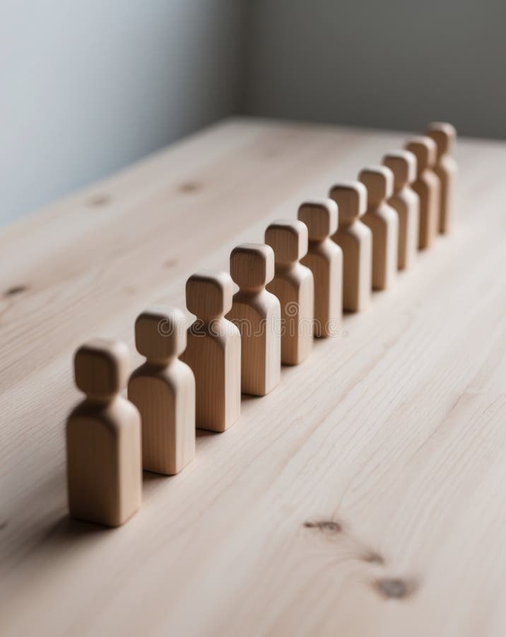 Wooden Figures Arranged in a Row on a Wooden Surface. Stock Photo ...