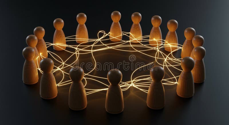 Wooden Figures Connected by Illuminated Threads Symbolizing Teamwork ...