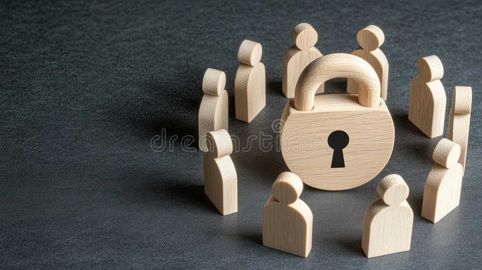 Wooden Figures Encircle Large Padlock Symbolizing Security and Unity ...