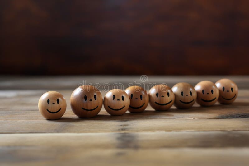 Wooden Figures Lined Up on a Wooden Table with a Smile Stock ...