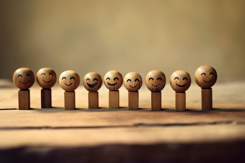 Wooden Figures Lined Up on a Wooden Table with a Smile Stock ...