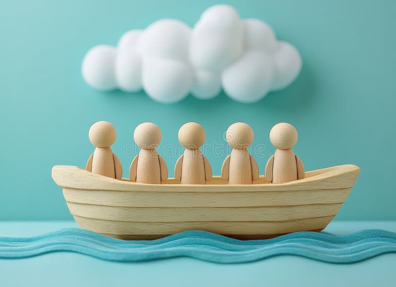 Wooden Figures Navigating a Small Boat Under a Cloud Illustrate ...