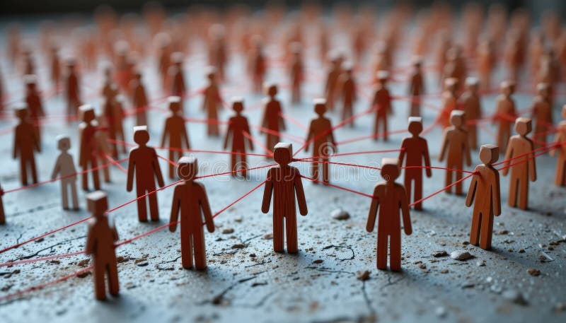 Wooden Figures Representing People Connected by Red Lines in a ...