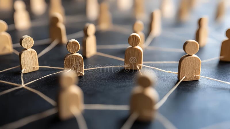 Wooden Figures Representing Social Connections on a Dark Surface with Strings Linking Them Stock ...