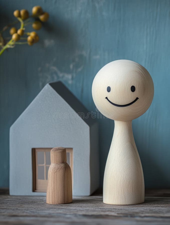 Wooden Figures with Smiley Face beside a Small House Model. Stock Photo ...