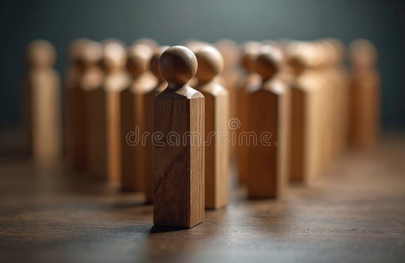 Wooden Figures Stand in Rows with One Leader in Front. Figurines ...