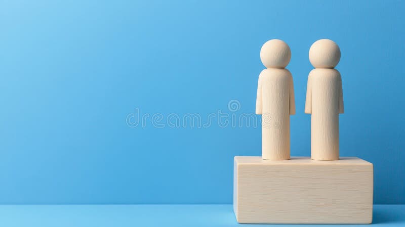 Wooden Figures of Two People Standing on Blocks Against a Blue ...