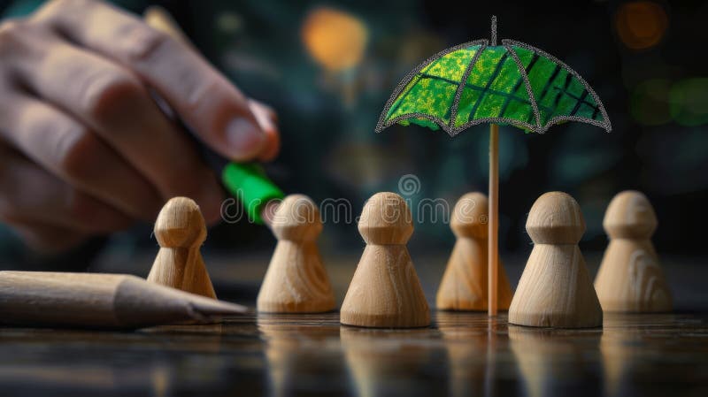 Wooden Figures Under Umbrella.AI Generated Image Stock Image - Image of ...