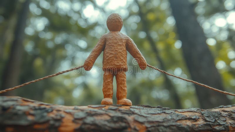 Wooden Figurine Balancing on a Log in the Forest Stock Image - Image of ...