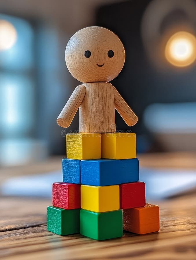 Wooden Figurine on Colorful Stacked Blocks on a Wooden Table Stock ...