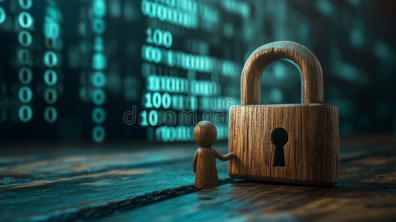 Wooden Figurine with Padlock Against Binary Code Background. Stock ...