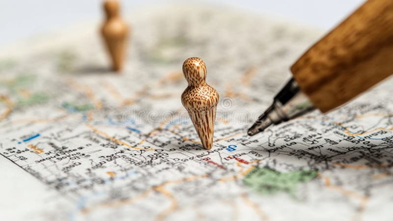 Wooden Figurine and Pen on Geographic Map Exploration Concept Art Stock ...