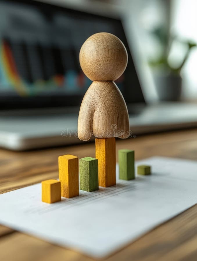 Wooden Figurine Standing on Bar Graph in Office Setting. Stock Photo ...