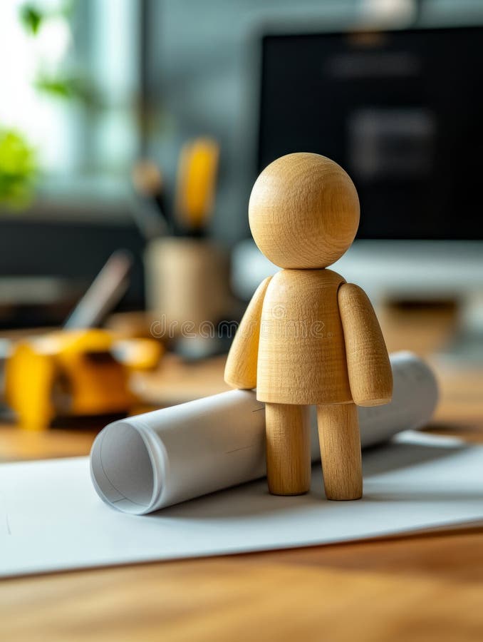 Wooden Figurine Standing on a Desk with Blueprints in an Office Setting ...