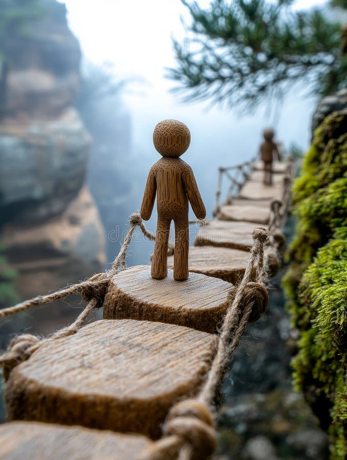 Wooden Figurines Crossing a Rope Bridge in a Misty Forest. Stock Photo ...
