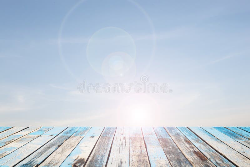 Wooden Floor with Beautiful Blue Sky Scenery for Background Stock Photo ...