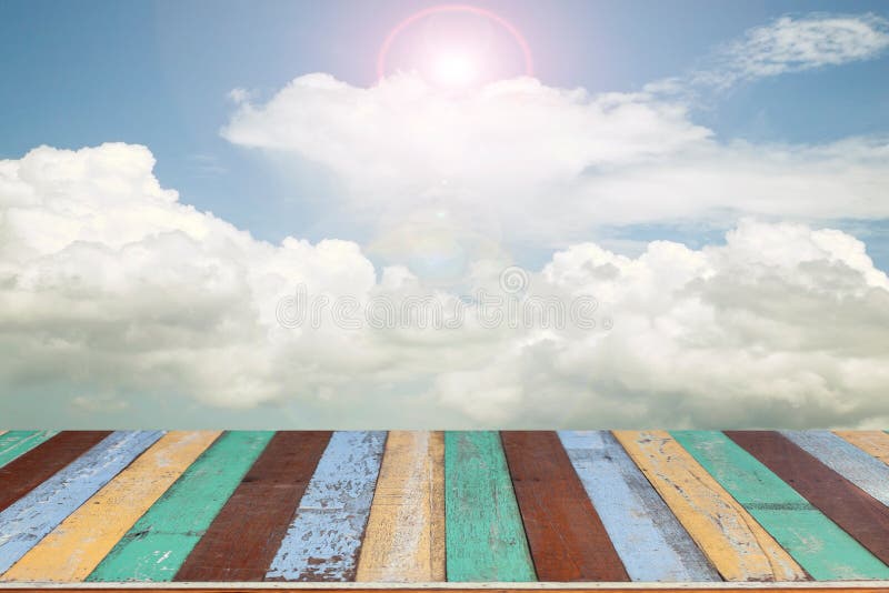 Wooden Floor with Beautiful Blue Sky Scenery for Background. Stock ...