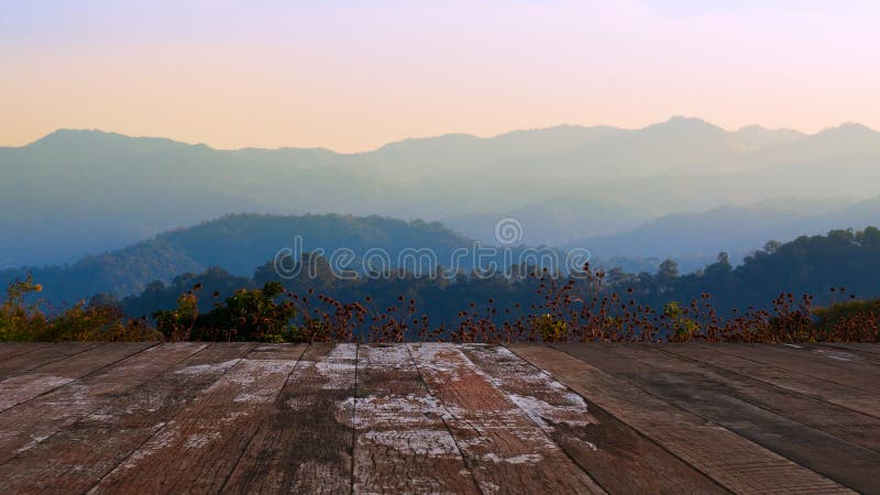 Wooden Floor with Nature Mountains Landscape Background Stock Image ...