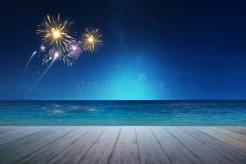 Wooden Floor with Ocean Views with Fireworks Stock Image - Image of ...