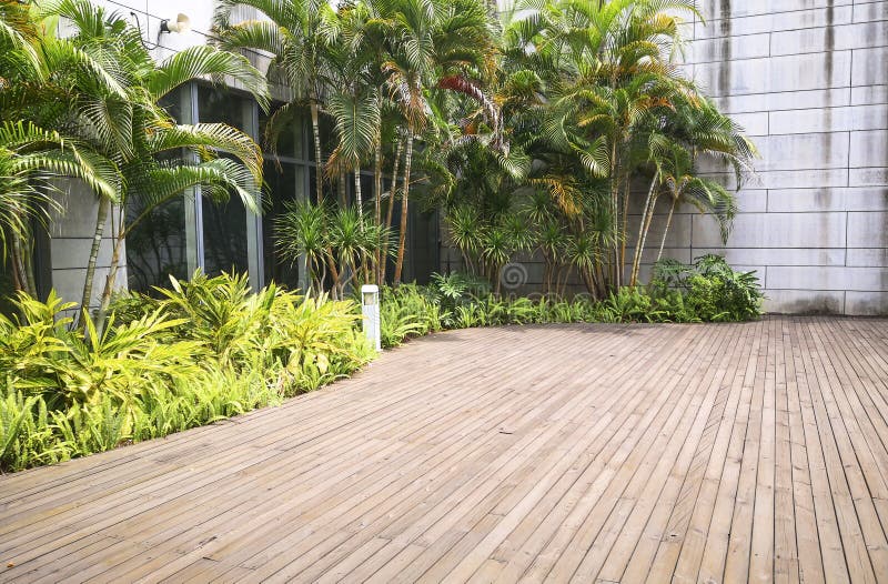 Wooden Floor and Plants in the Courtyard. Stock Image - Image of ...
