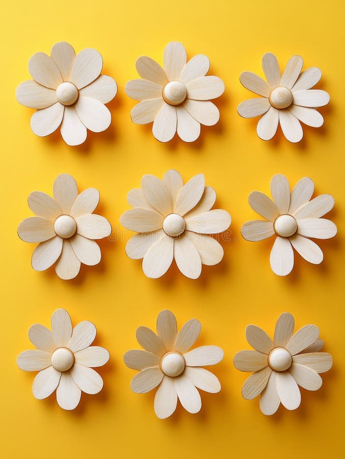 Wooden Flowers Arranged in a Grid on a Vibrant Yellow Background. Stock ...