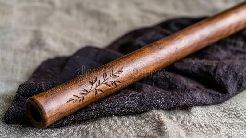 Wooden Flute with Leaf Pattern on Black Fabric Stock Illustration ...