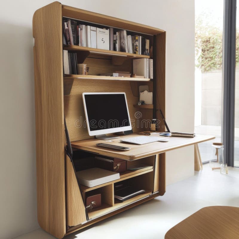 Wooden Fold-Down Desk with Built-in Shelves and a Computer Stock ...