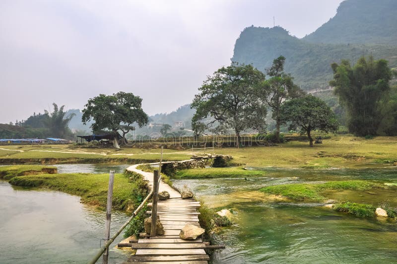 Wooden Footbridge Over the Water of the River Stock Image - Image of ...