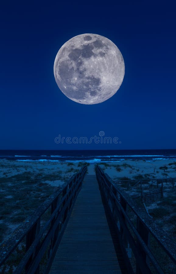 Wooden Footbridge with Supermoon Stock Photo - Image of bridge, night ...