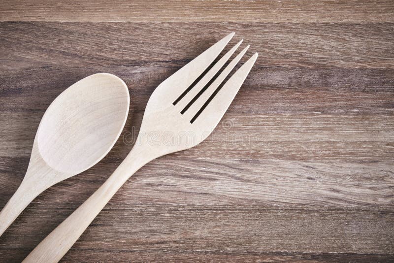 Wooden Fork and Spoon on the Wooden Floor with Texture Stock Image ...