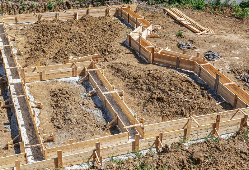 Wooden Formwork for Pouring Concrete Foundation of the House. Stock ...