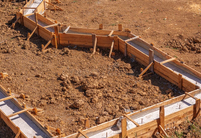Wooden Formwork for Pouring Concrete Foundation of the House. Stock ...