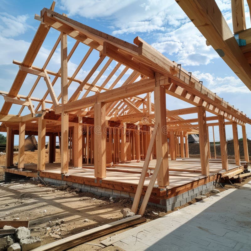 Wooden Frame Construction with Truss, Post, and Beams in the Process of ...