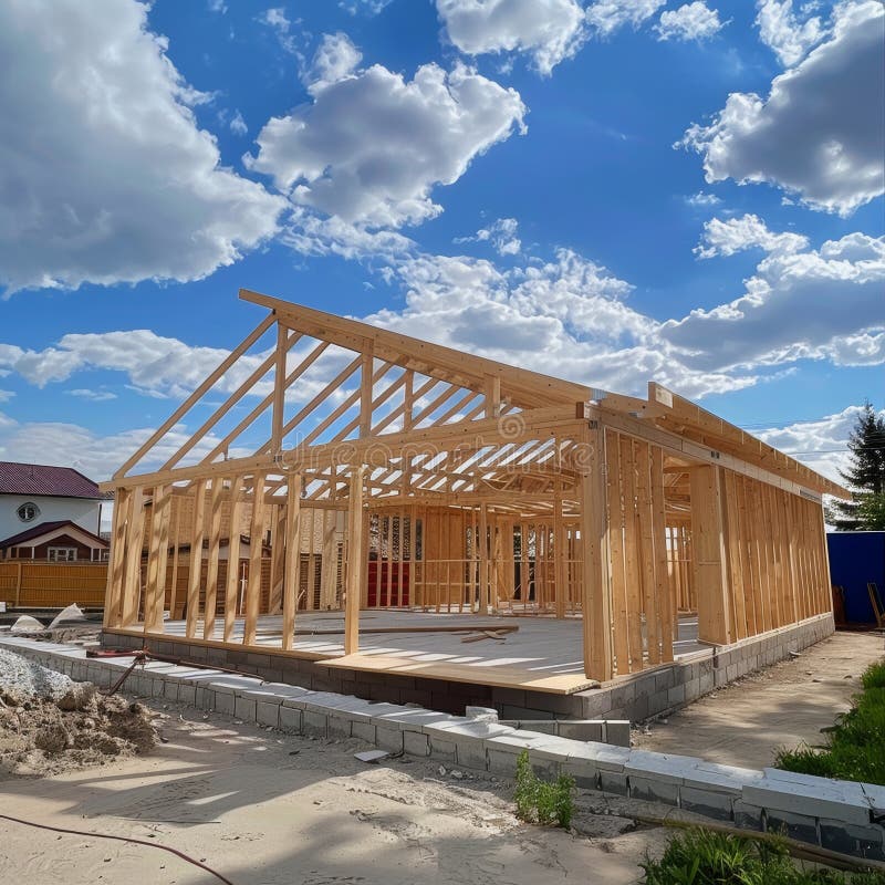 Wooden Frame Construction with Truss, Posts, and Beams for ...